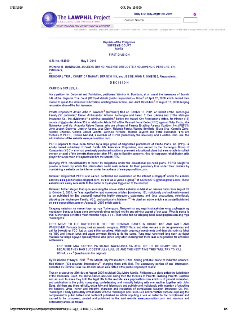 Bonifacio Vs RTC Makati PDF | PDF | Defamation | Complaint