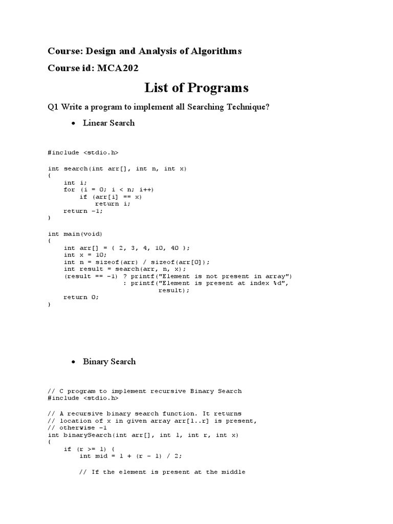 List of Programs: Course: Design and Analysis of Algorithms Course Id ...