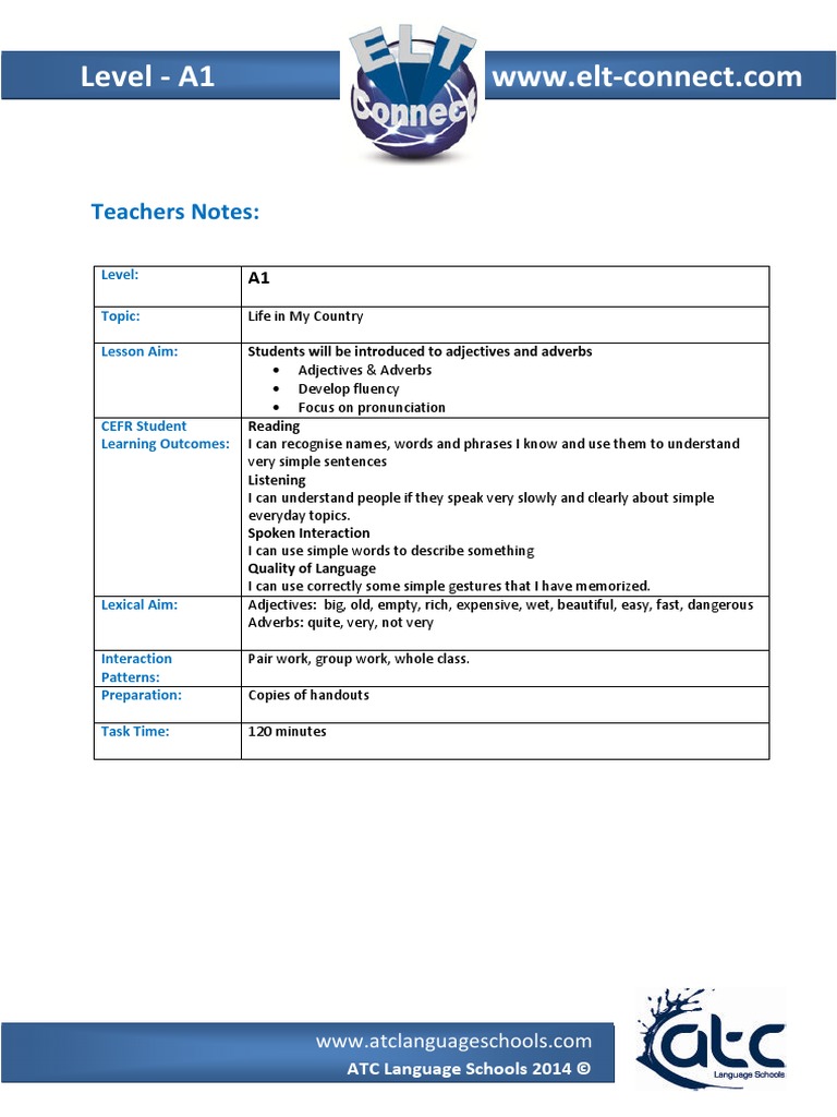 Level - A1: Teachers Notes | PDF | Adverb | Adjective