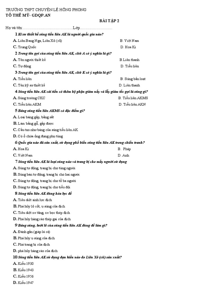 BÀI KT GDQP.AN KHỐI 11 | PDF