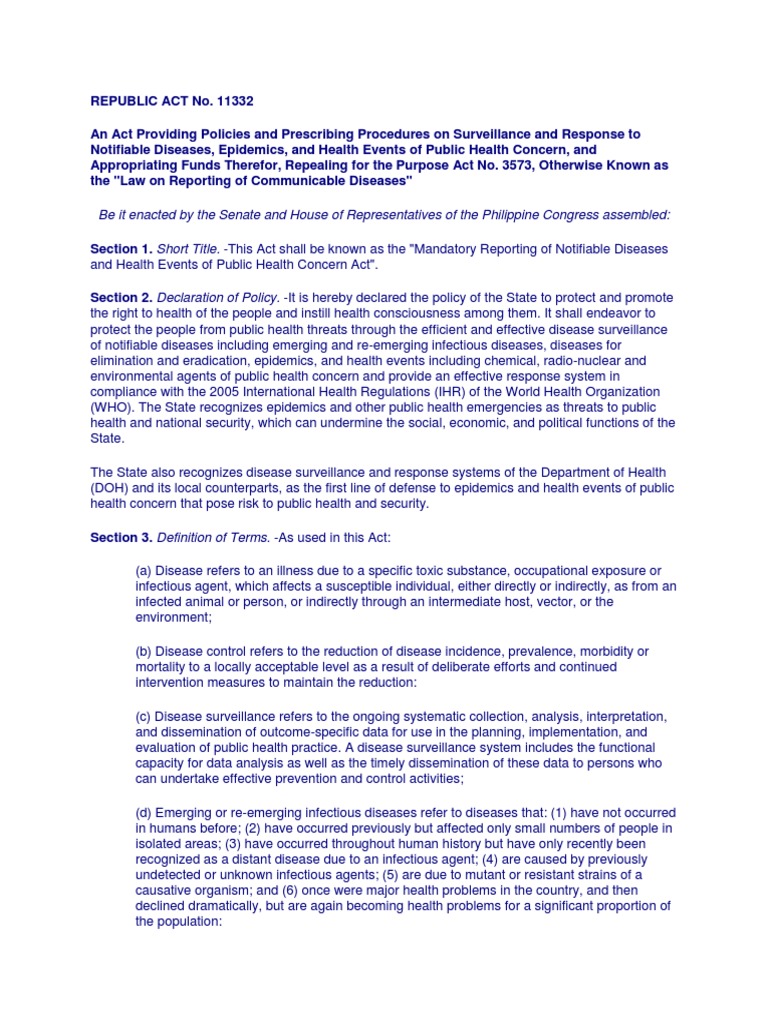 REPUBLIC ACT No 11332 "Mandatory Reporting of Notifiable Diseases and ...