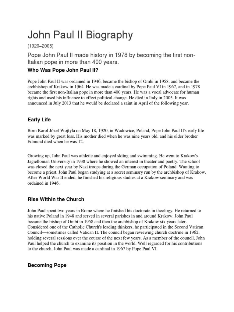 John Paul II Biography PDF | PDF | Pope John Paul Ii | Christian ...
