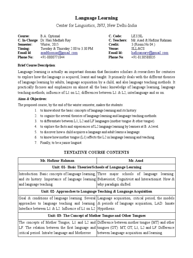 Course Outline Introduction To Language | PDF | Second Language ...