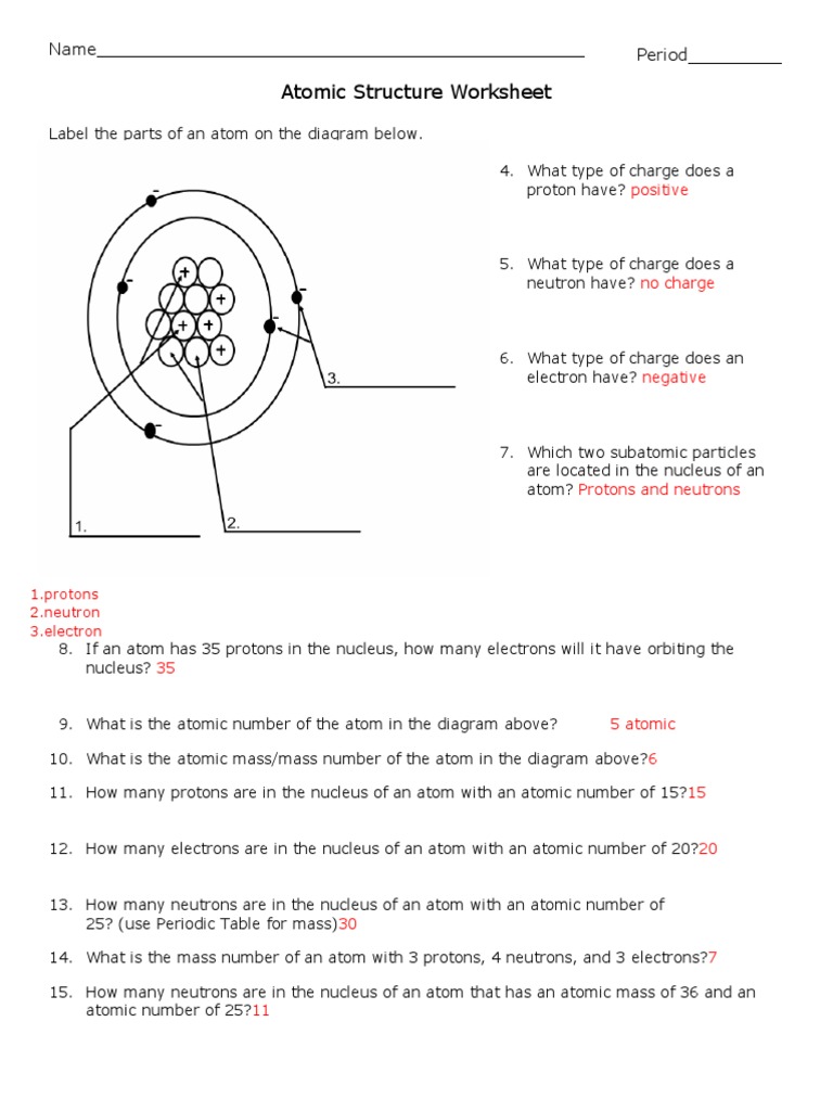 Atomic Structure Worksheet: Name Period | PDF | Atoms | Atomic Nucleus