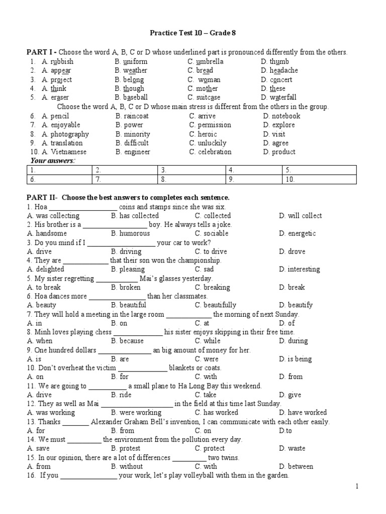 Practice Test 10 - Grade 8 PART I - Choose The Word A, B, C or D Whose ...