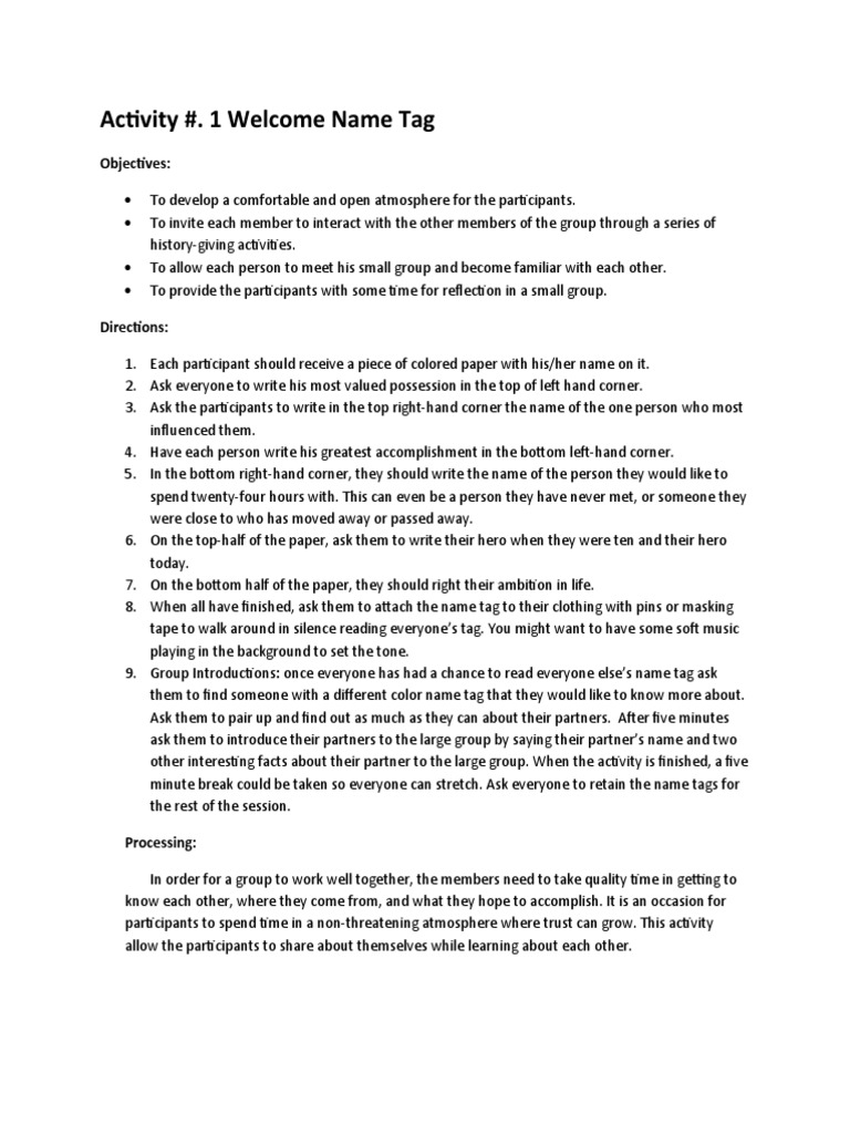 Activity #. 1 Welcome Name Tag: Objectives | PDF | Psychological Concepts