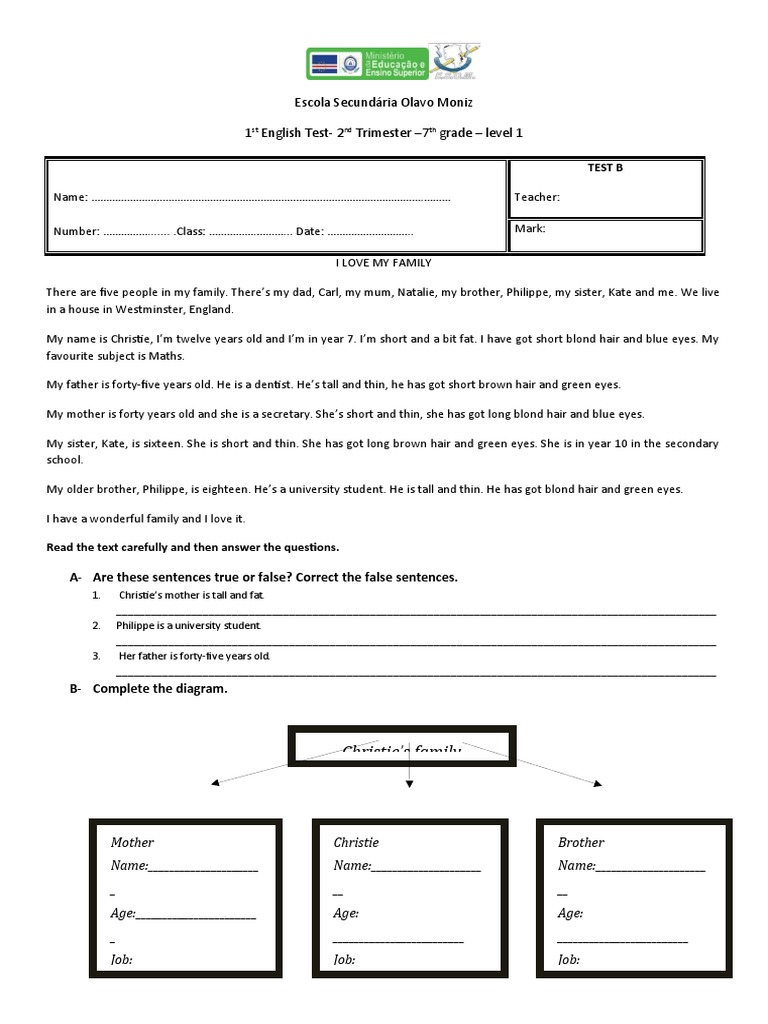 1st Test 2nd Term 7th Grade 16-17 Var B | PDF | Linguistics