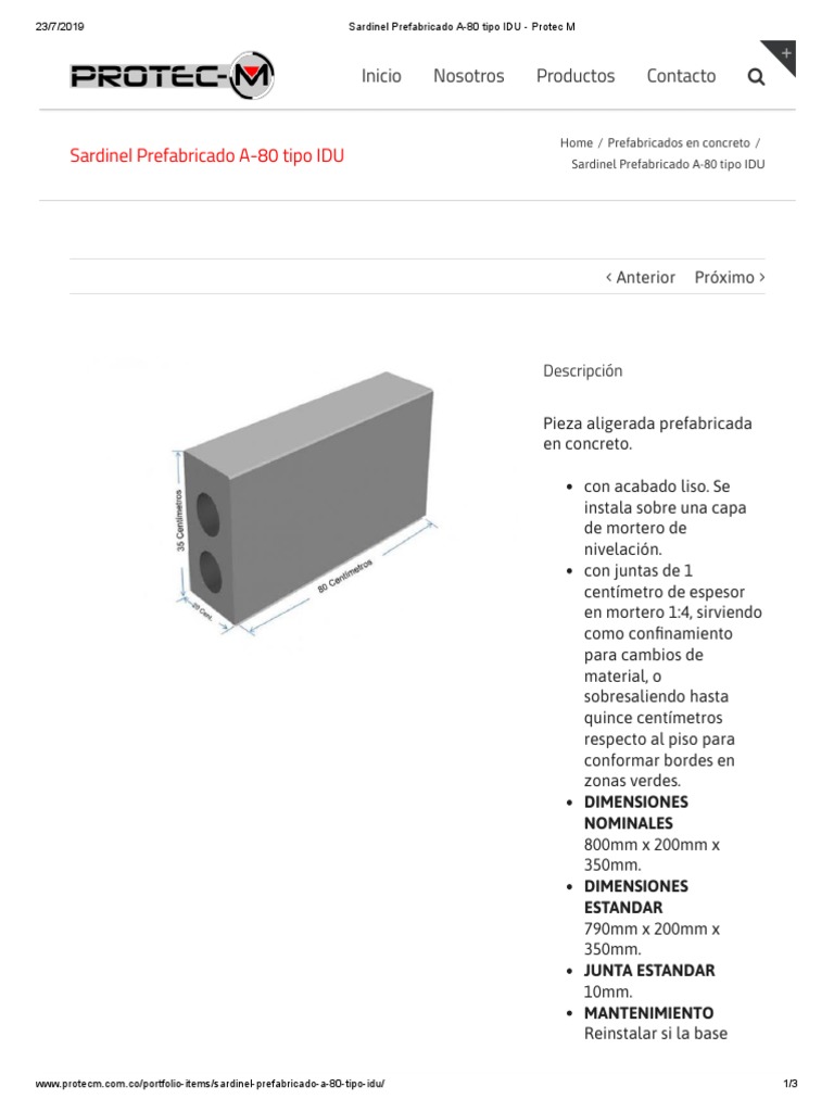Sardinel Prefabricado A-80 Tipo IDU - Protec M | PDF | Materiales de ...