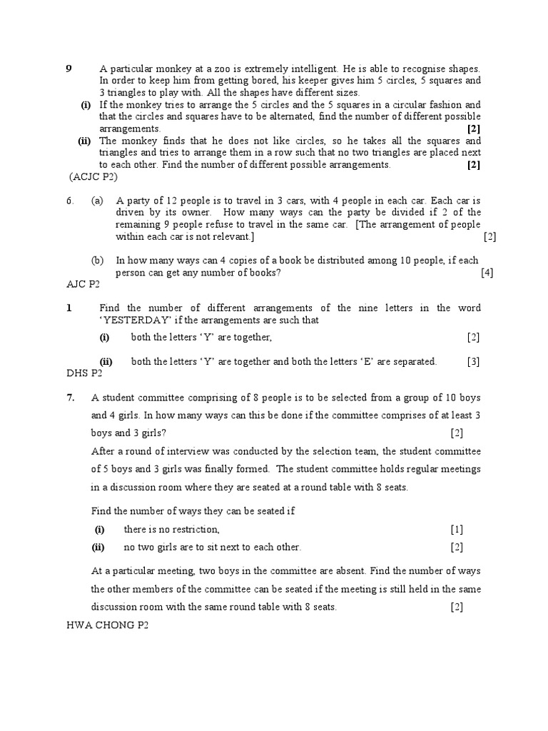 JC Math Permutation and Combination | PDF | Teaching Mathematics