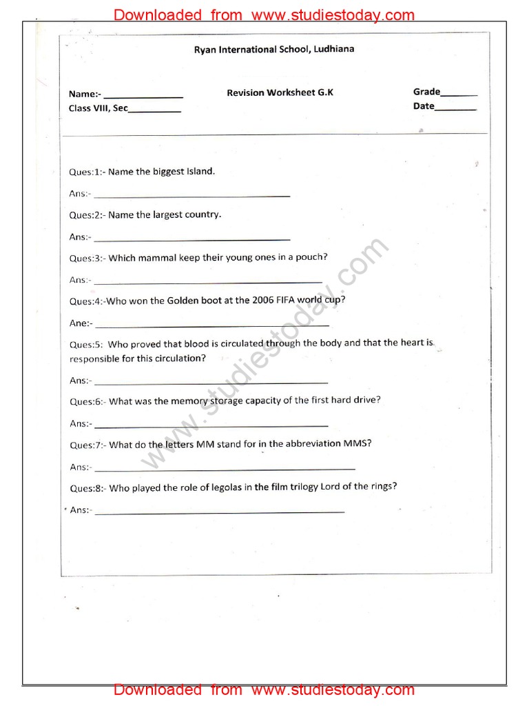 CBSE Class 8 General Knowledge Worksheet PDF | PDF