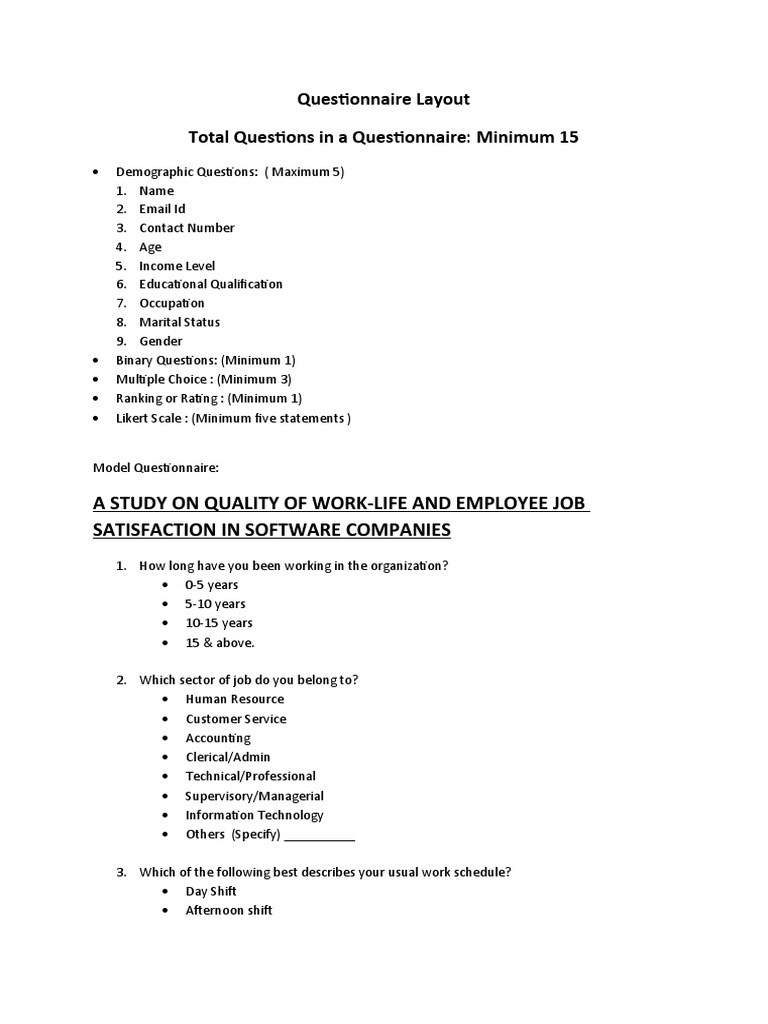 Questionnaire Layout Total Questions in A Questionnaire: Minimum 15 ...