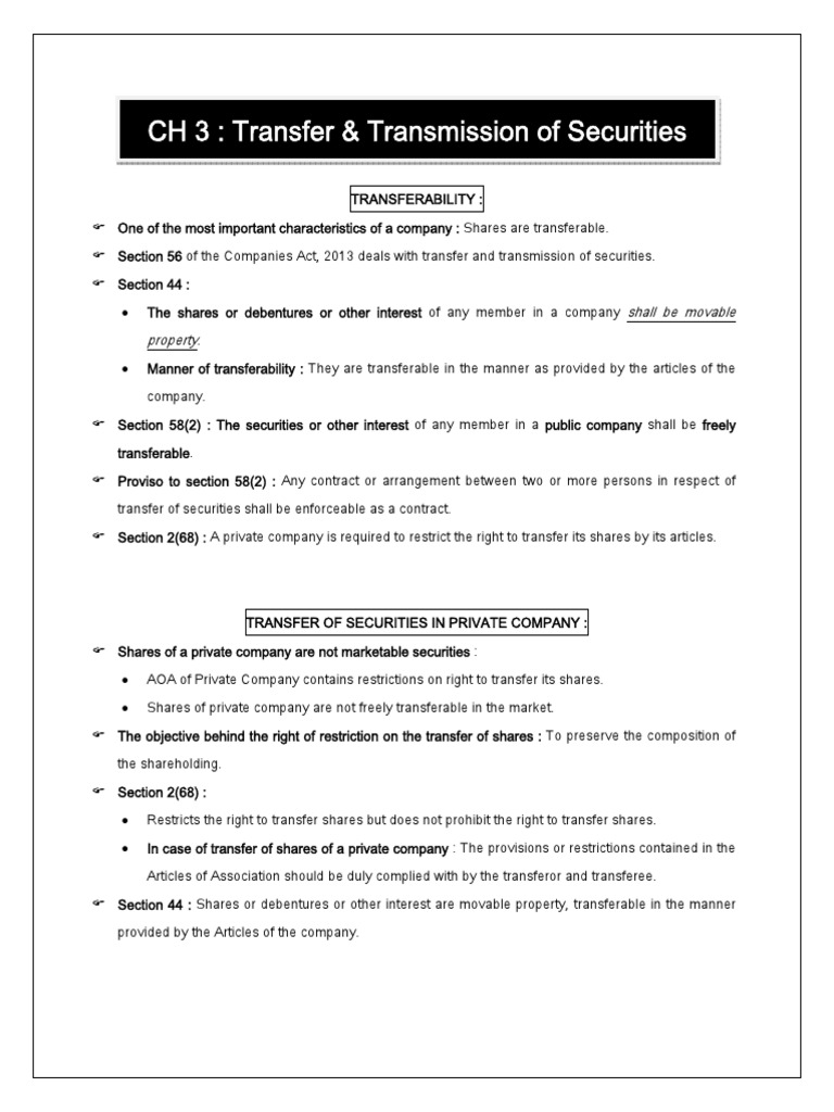 CH 3 Transfer and Transmission of Securities PDF | PDF | Assignment (Law) | Securities (Finance)