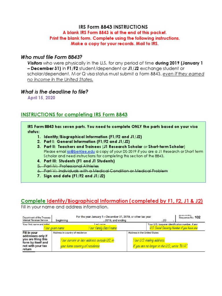 2019 IRS 8843 Instructions | PDF | Internal Revenue Service | Travel Visa
