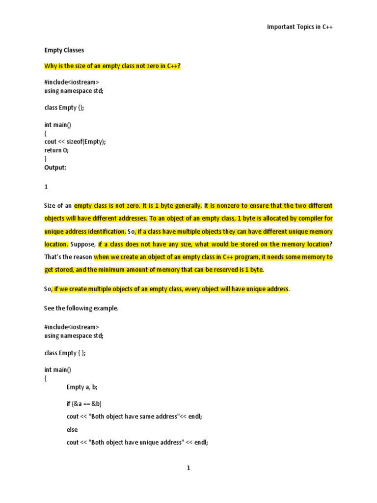 C++ Empty Class Size Explained | PDF | Constructor (Object Oriented ...