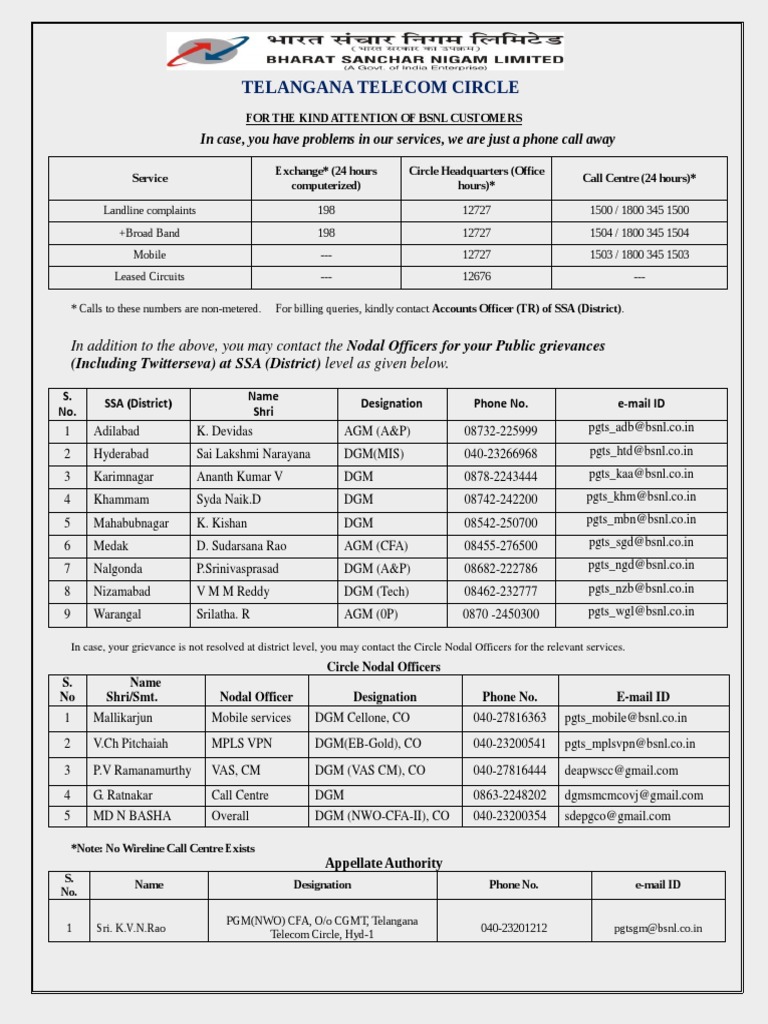 Telangana Telecom Circle: in Case, You Have Problems in Our Services ...