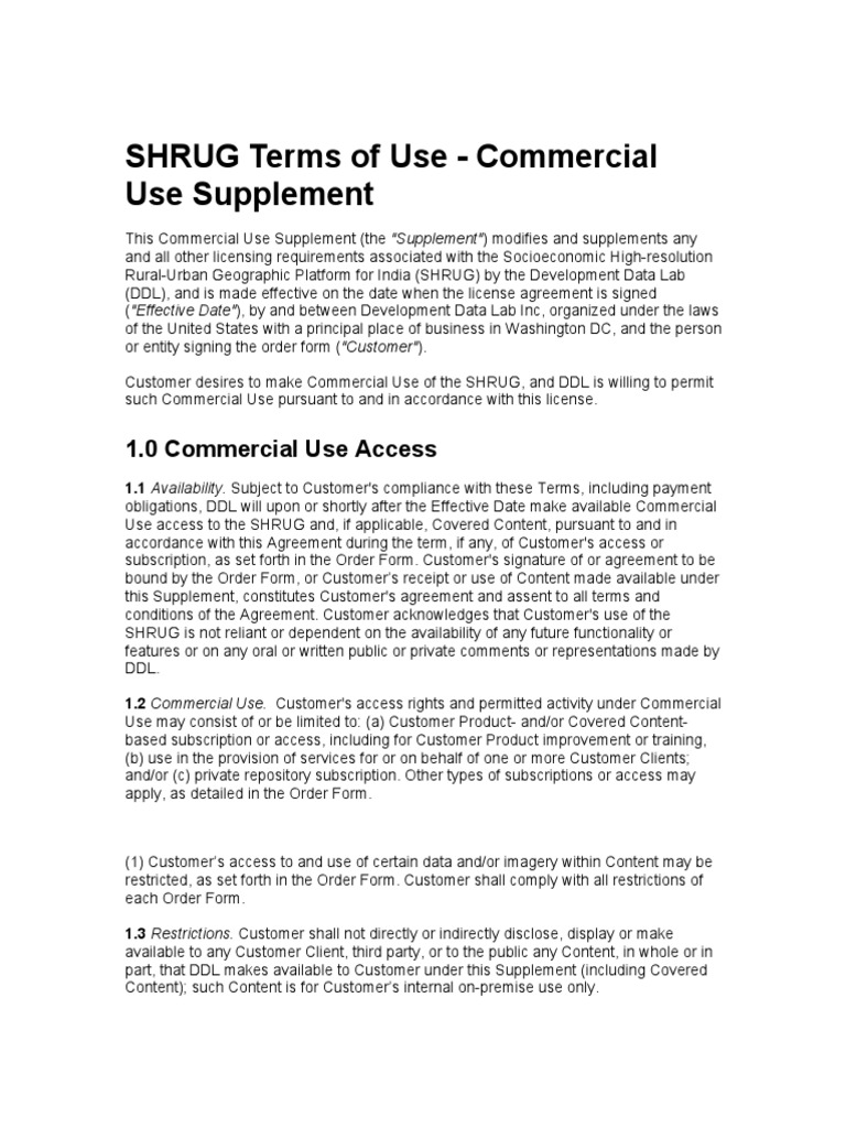 SHRUG Terms of Use - Commercial Use Supplement | PDF | Breach Of ...