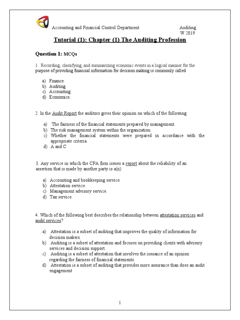Tutorial (1) : Chapter (1) The Auditing Profession | PDF | Financial Audit | Financial Statement