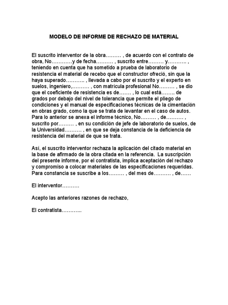 Modelo de Informe de Rechazo de Material | PDF