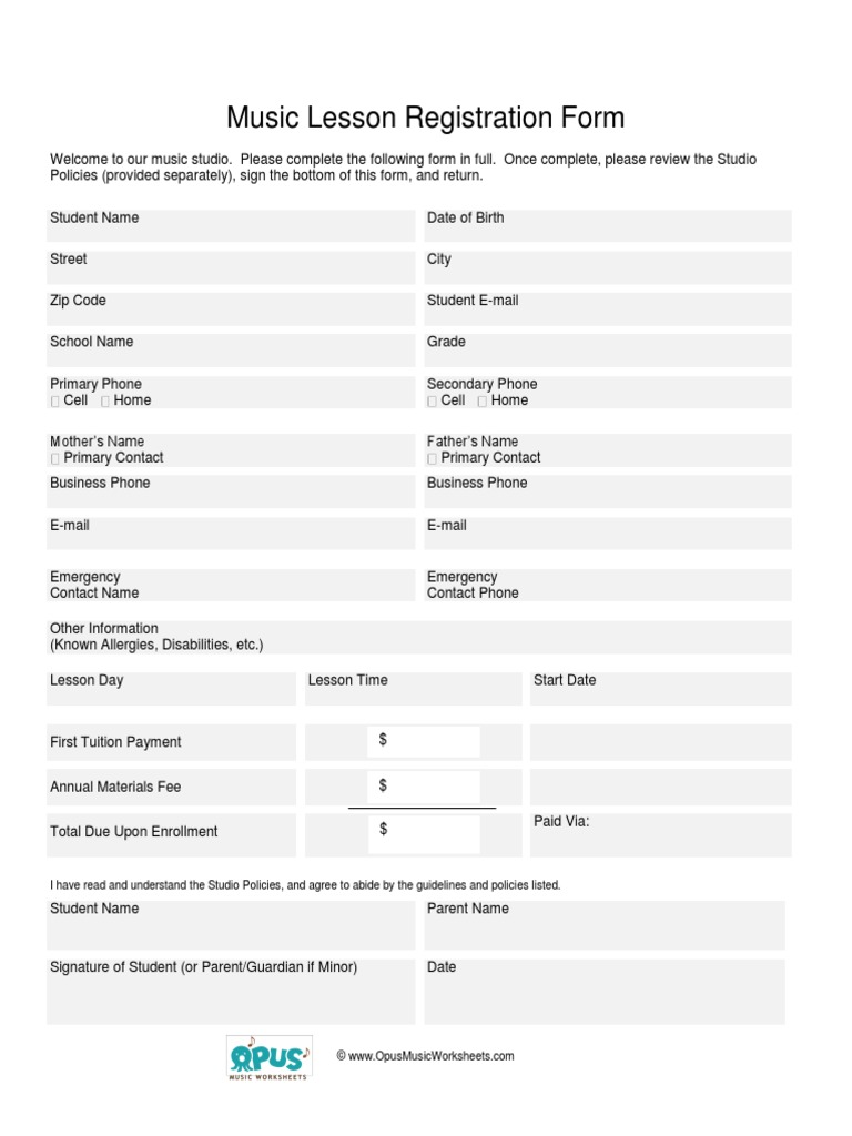 Music Student Registration Form PDF | PDF