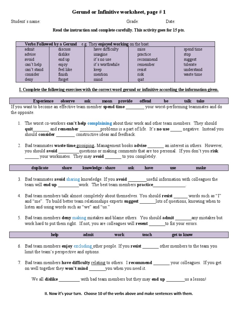 Gerund or Infinitive Worksheet 10 B C | PDF | Grammar | Communication