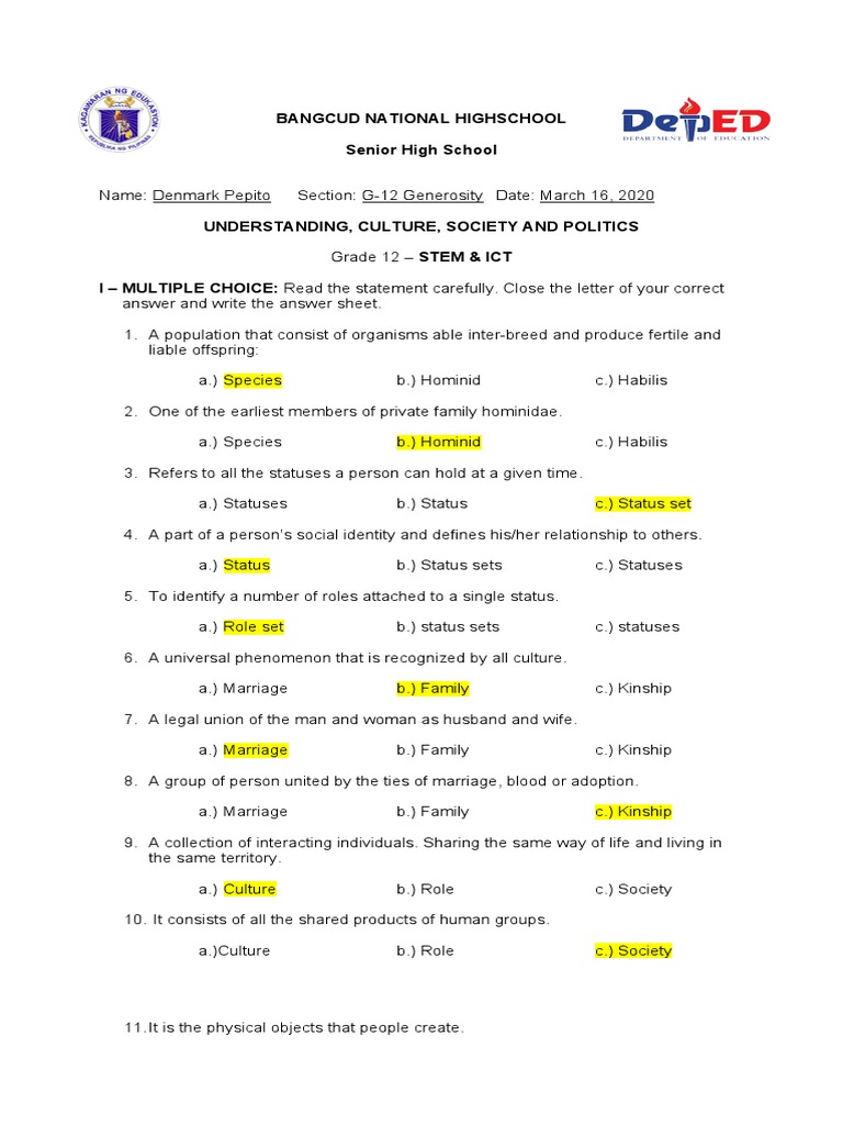 UCSP Exam | PDF | Family | Kinship