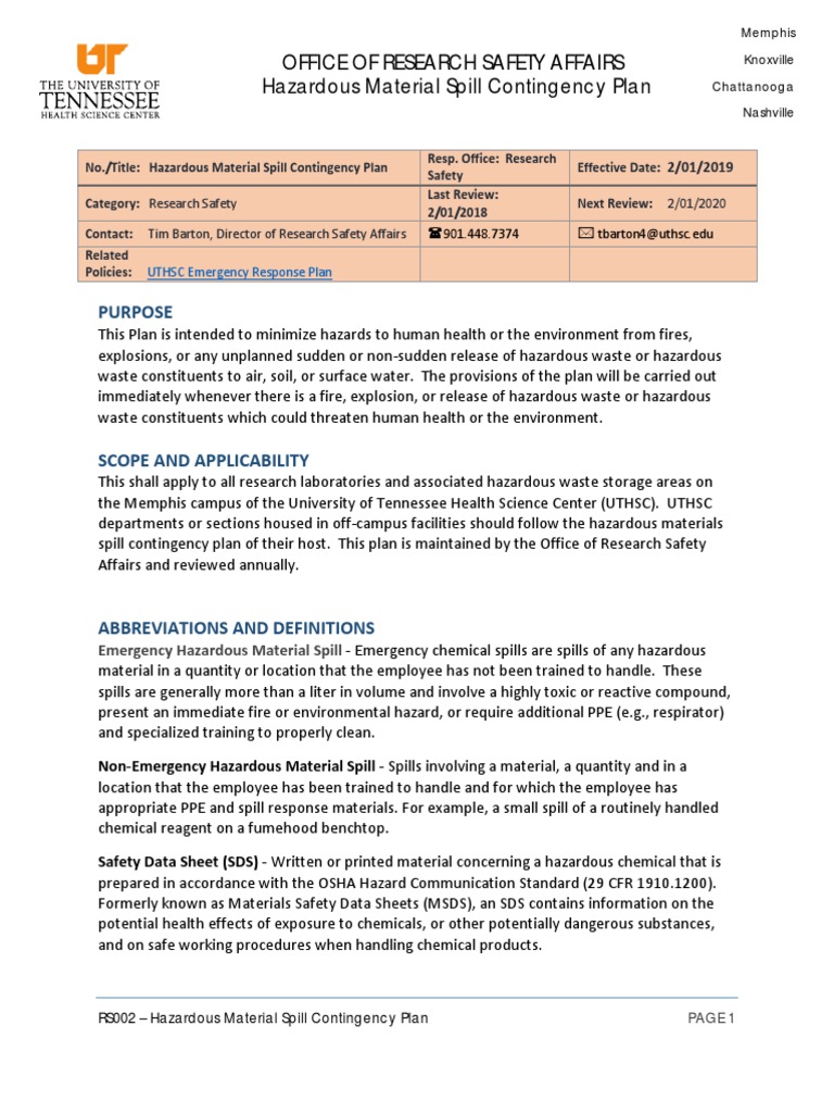 Hazardous Material Spill Contingency Plan | PDF | Personal Protective ...