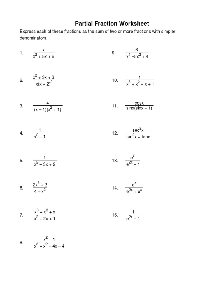 Partial Fraction Worksheet | PDF | Fraction (Mathematics) | Arithmetic