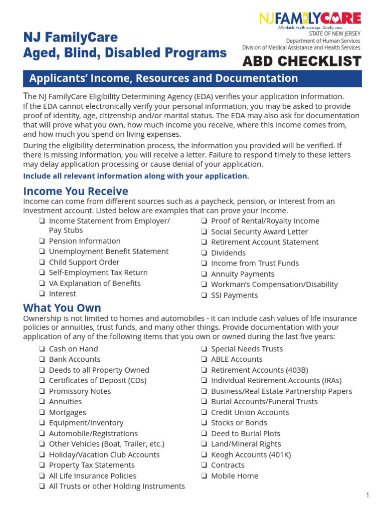 NJ Familycare Aged, Blind, Disabled Programs: Abd Checklist | Download ...