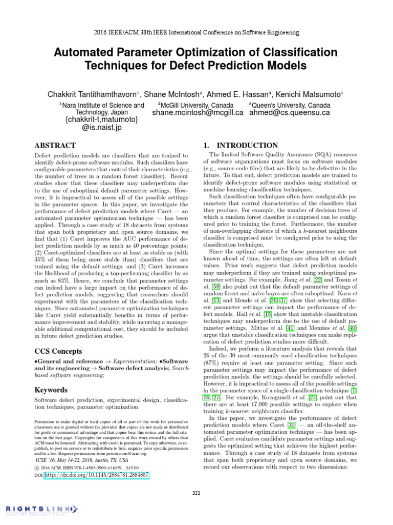 Automated Parameter Optimization of Classification Techniques For Defect Prediction Models | PDF ...