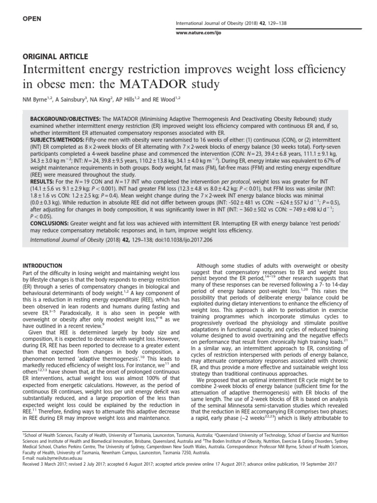 Intermittent Energy Restriction Improves Weight Loss Ef Ficiency in Obese Men: The MATADOR Study ...