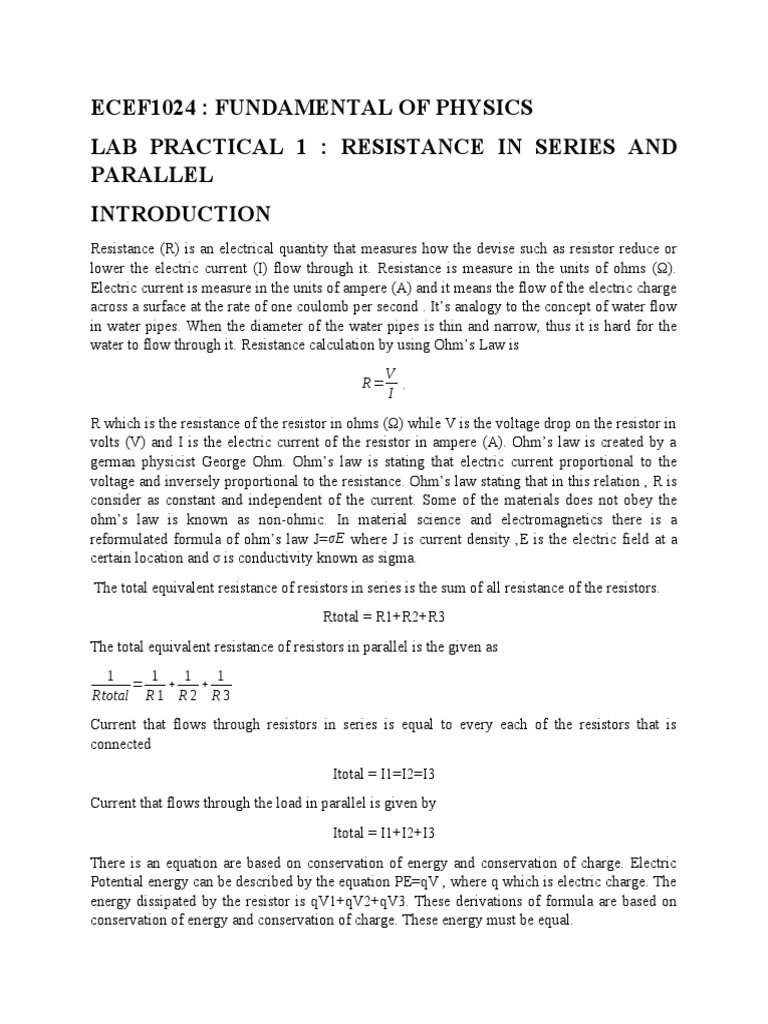 Ecef1024: Fundamental of Physics Lab Practical 1: Resistance in Series ...