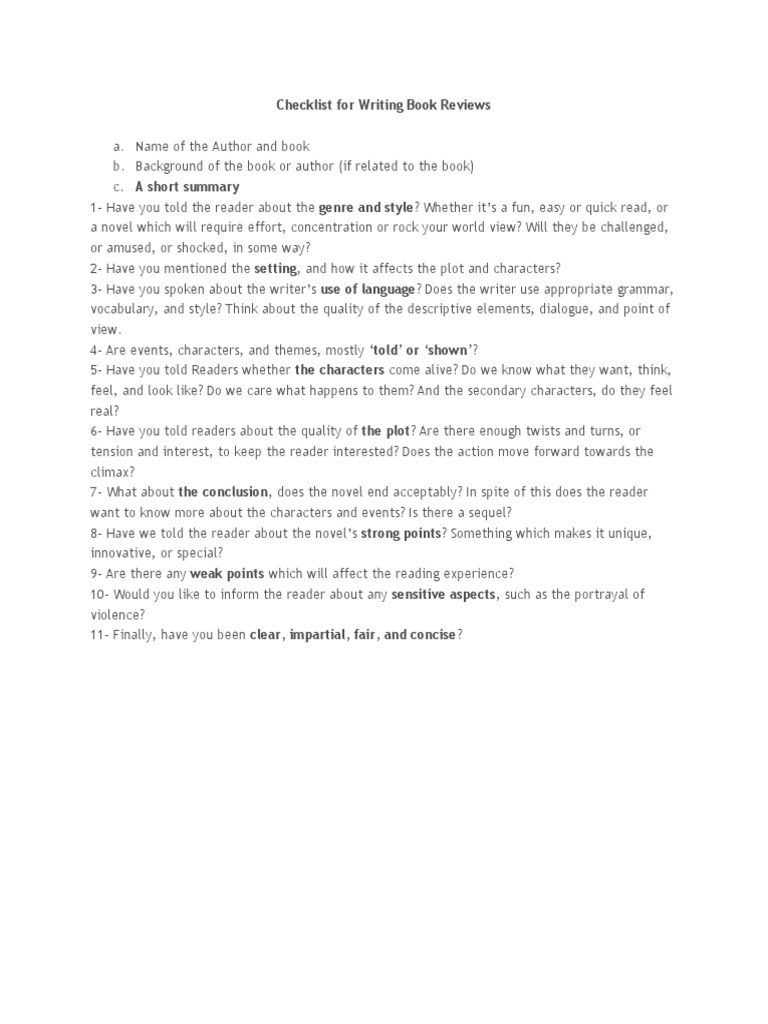 Checklist For Writing Book Reviews | PDF | General Fiction