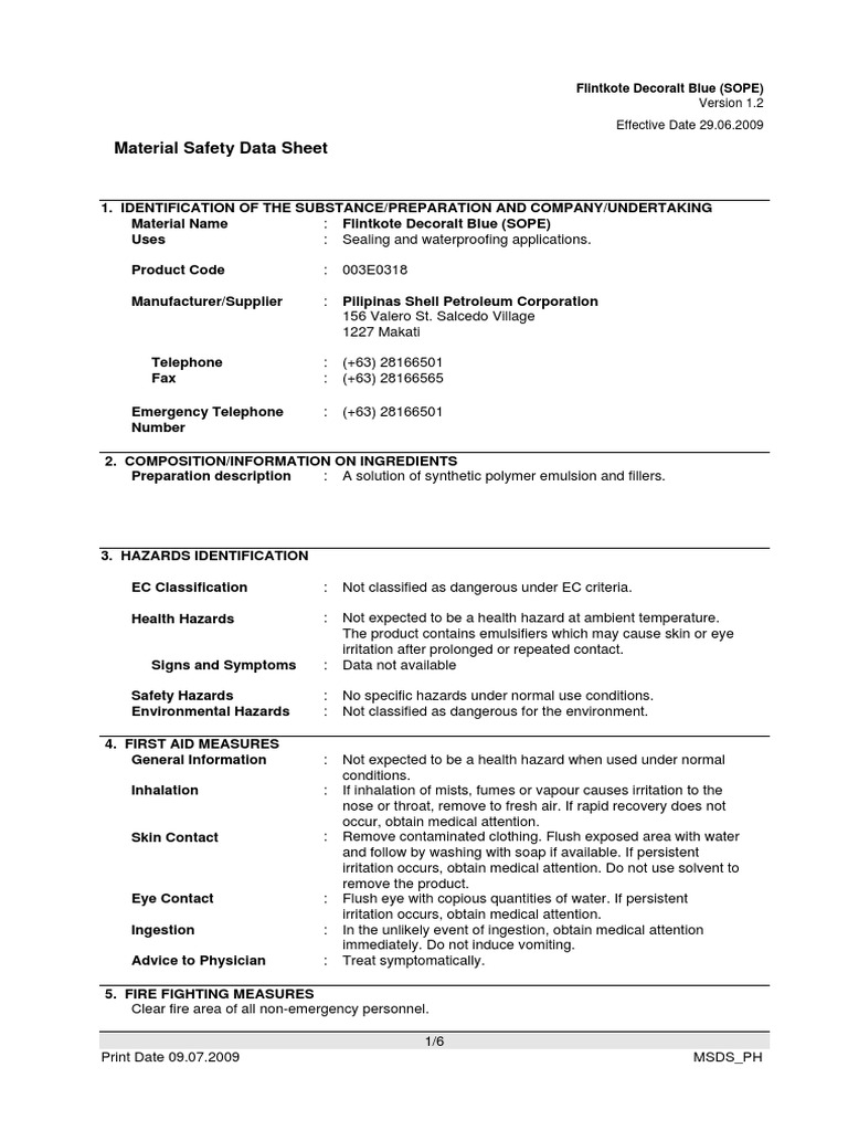 Material Safety Data Sheet: Flintkote Decoralt Blue (SOPE) | PDF ...
