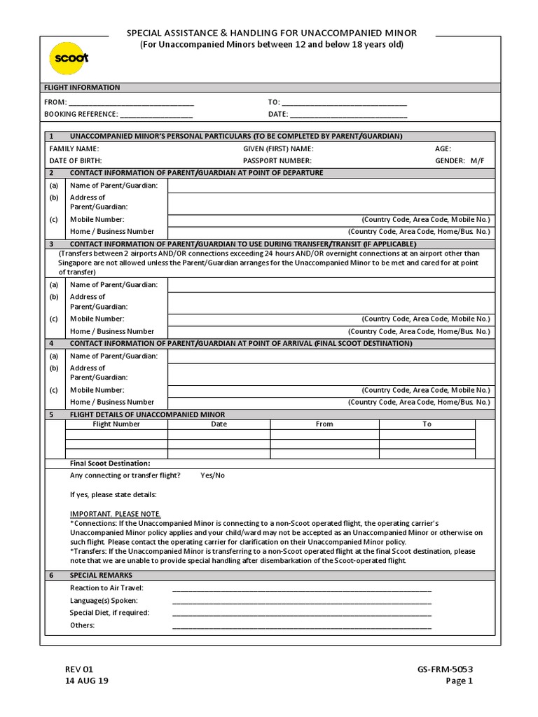 Special Assistance & Handling For Unaccompanied Minor Form | PDF ...