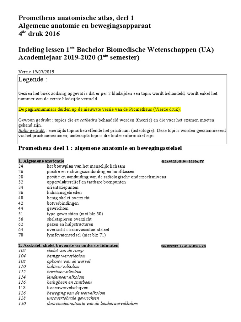 Lesindeling 2019-2020 Prometheus Anatomische Atlas | PDF