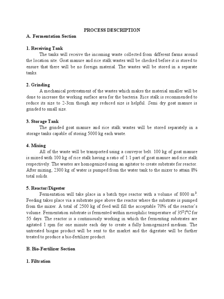 Process Description A. Fermentation Section 1. Receiving Tank | PDF ...