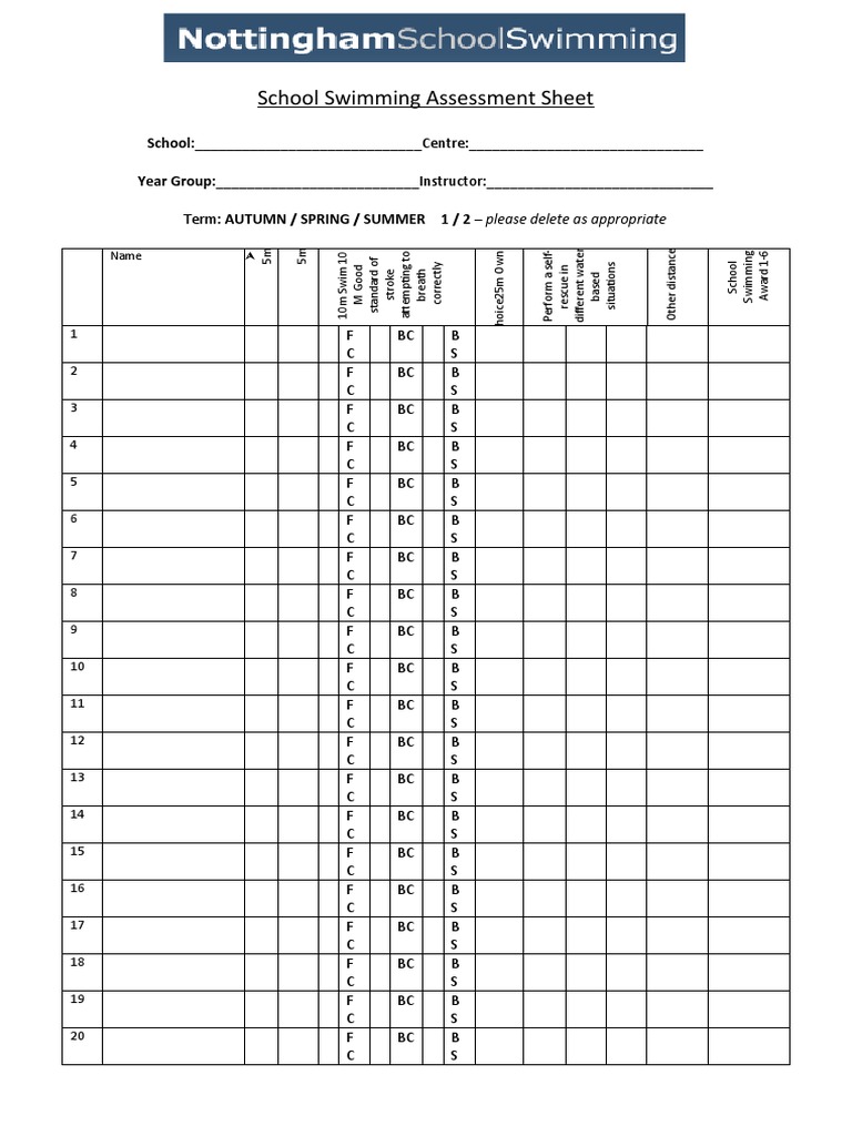 School Swimming Assessment Checklist | PDF | Behavior Modification ...