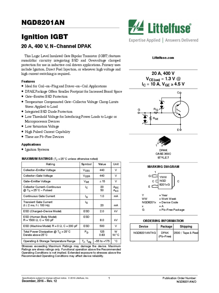 NGD8201AN Ignition IGBT: 20 A, 400 V, N Channel DPAK | PDF | Field ...