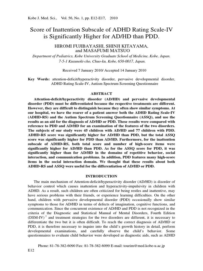 Score of Inattention Subscale of ADHD Rating Scale-IV Is Significantly ...