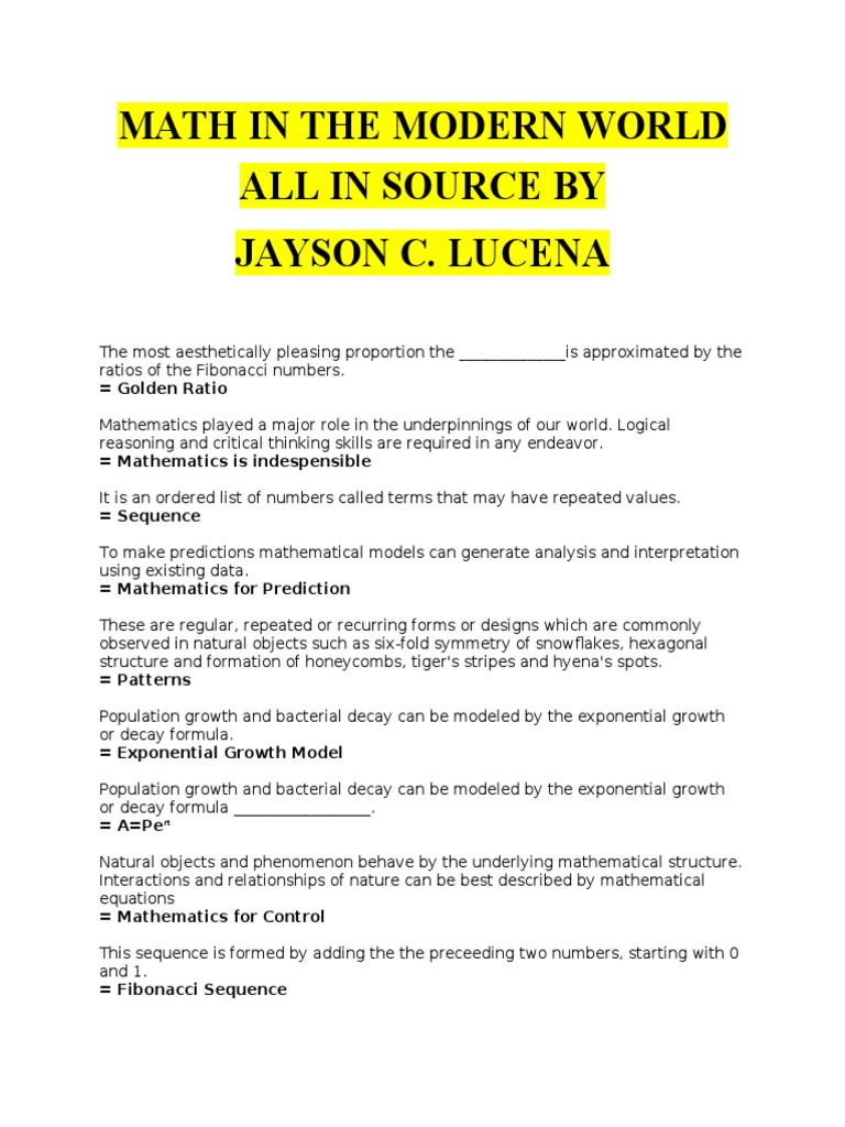 Math in The Modern World All in Source by Jayson Lucena | PDF | Set (Mathematics) | Interest