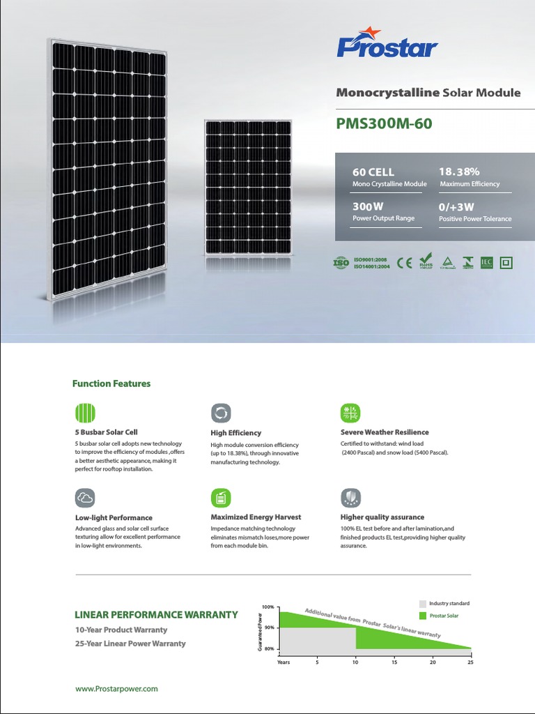 Monocrystalline Solar Panel 300W PMS300M-60 Datasheet PDF | PDF | Solar ...