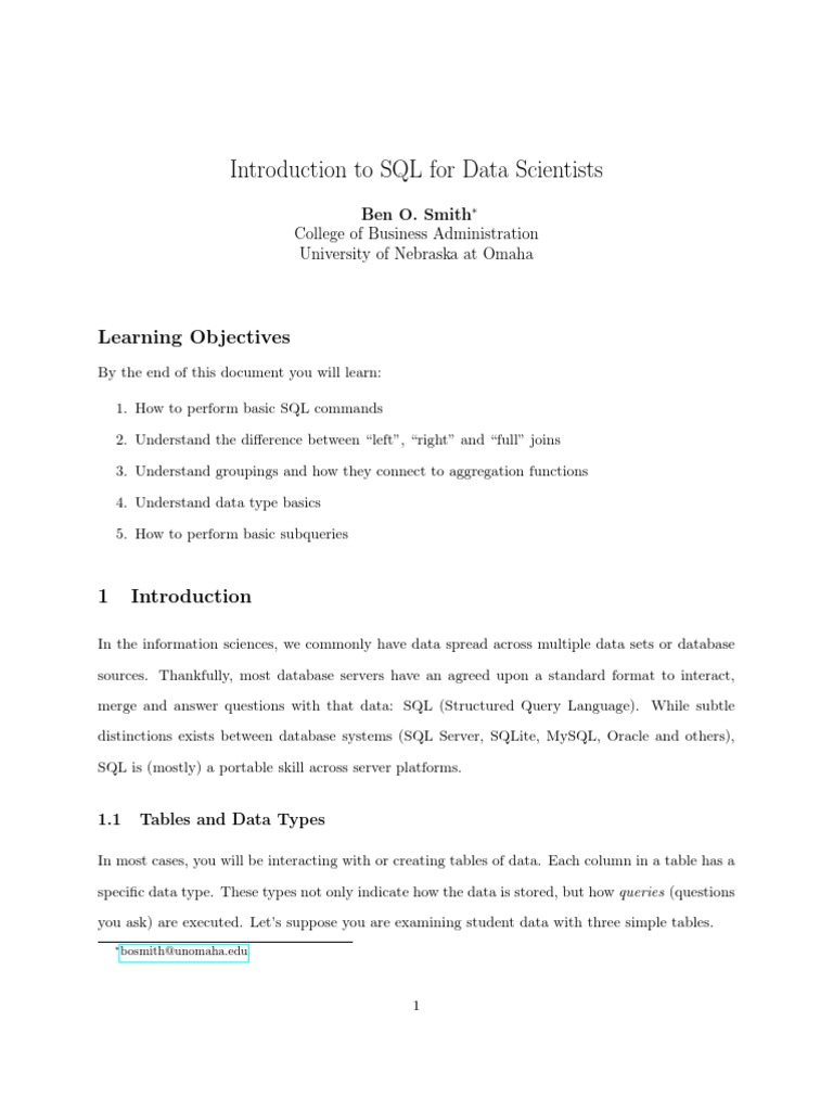 Introduction To SQL For Data Scientists: Learning Objectives | PDF ...
