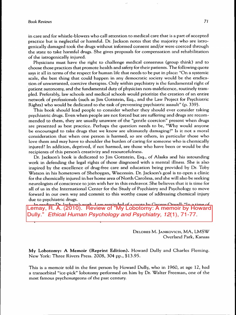 Lemay 2010 Review of Howard Dully - My L PDF | PDF | Psychiatry ...
