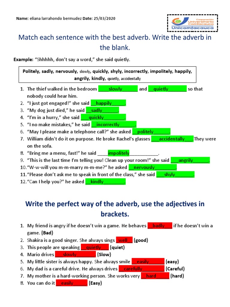 Adverbs of Manner Exercises | PDF