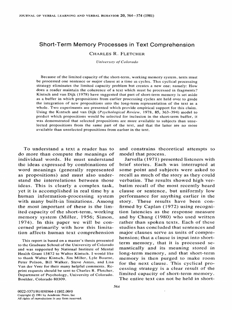Fletcher, C. R. (1981) - Short Term Memory Processes in Text ...