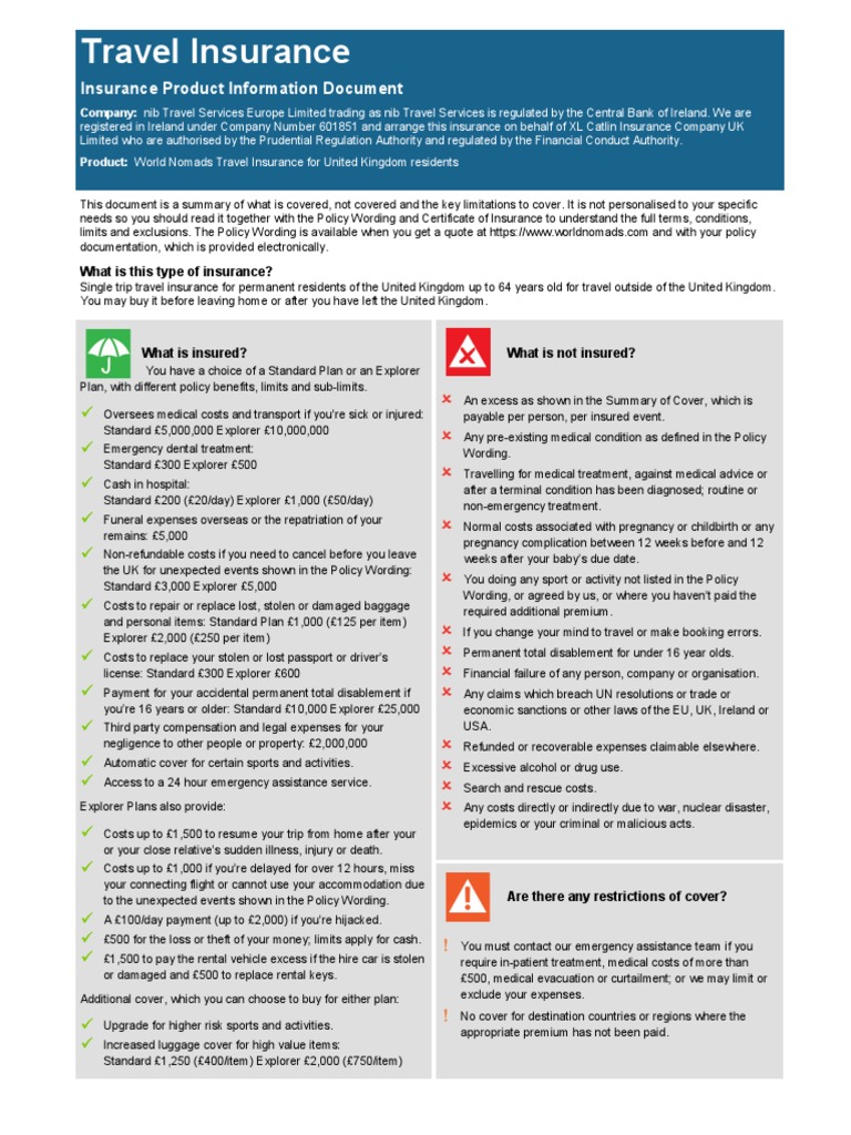 Travel Insurance: Insurance Product Information Document | PDF ...