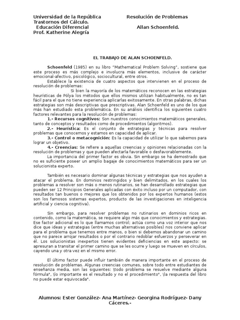 El Trabajo de Alan Schoenfeld | PDF | Heurístico | Enseñanza de matemática