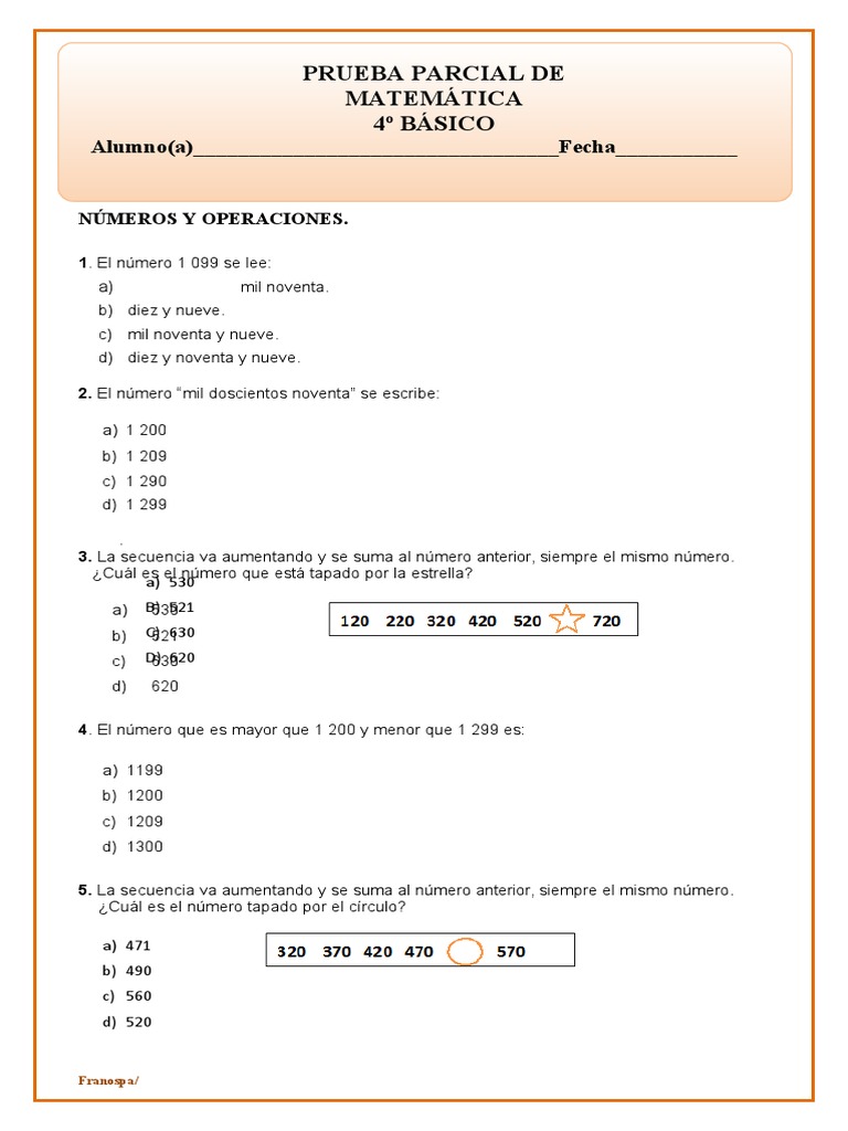 Prueba de Matemáticas 4º Básico: Números | PDF | Infografia | Modelado ...