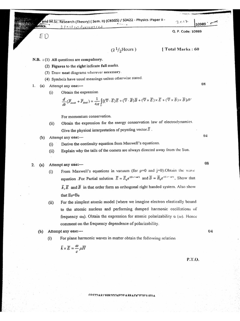 Electrodynamics Last Year Question Paper | PDF
