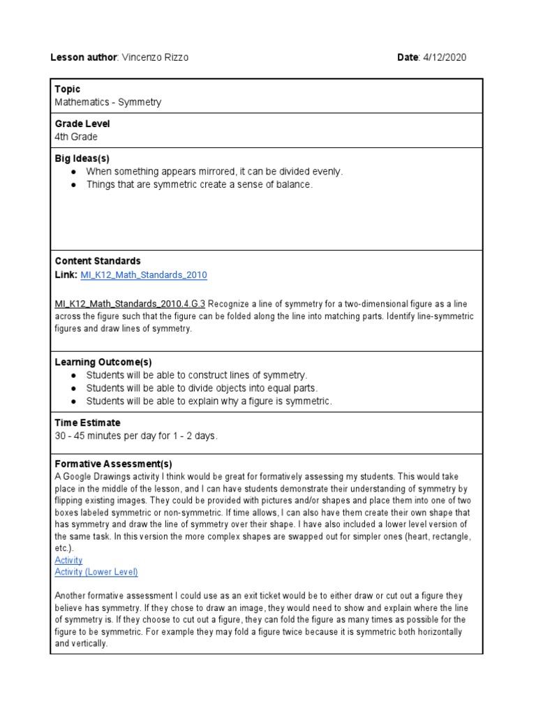 Vincenzo Rizzo - DLL 4196 Lesson Planning Lab Symmetry | PDF | Symmetry ...